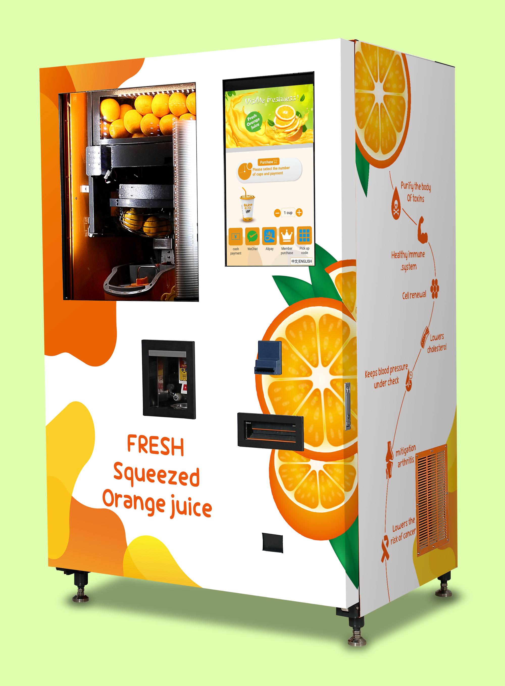 freshly squeezed orange juice vending machine with cooling
